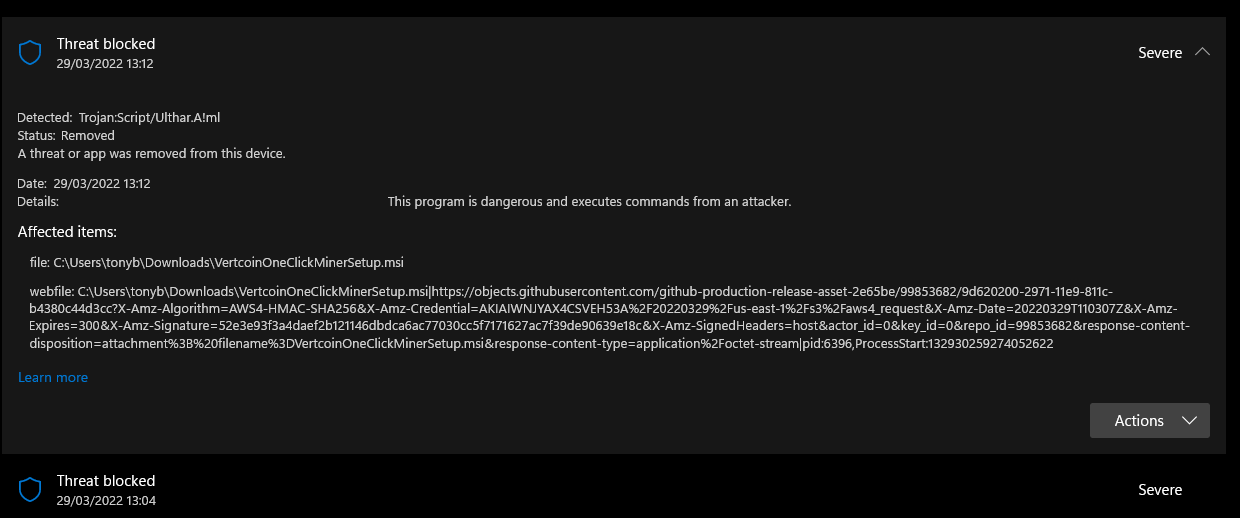 Trojan:Script/Ulthar.A!ml · Issue #121 · vertcoin-project/One-Click-Miner-OLD · GitHub