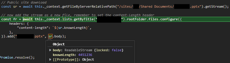 Adding a file using Nodejs Streams - destination file empty · Issue #2007 · pnp/pnpjs · GitHub