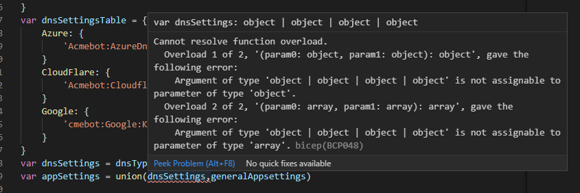 Linter does not accept type "object | object" as object for union() · Issue #842 · Azure/bicep ...