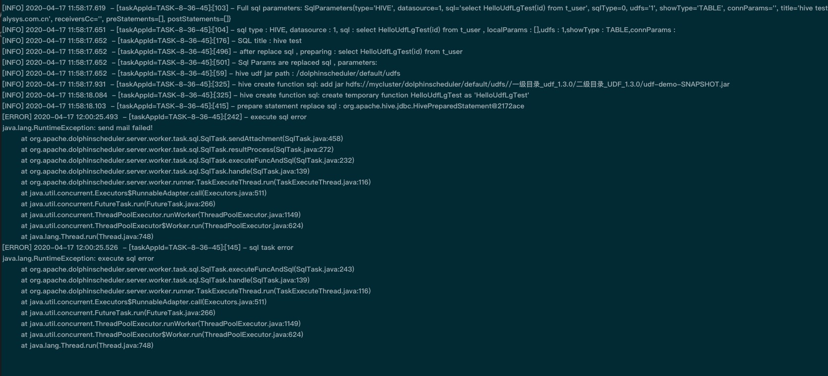 [BUG] run hive task , failed to send mail · Issue #2448 · apache/dolphinscheduler · GitHub