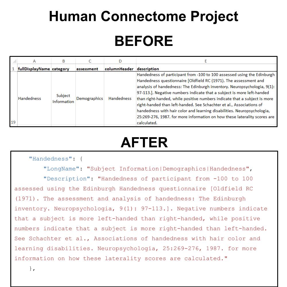 Include small visual or JSON text examples of some of the data dictionaries produced by the ...
