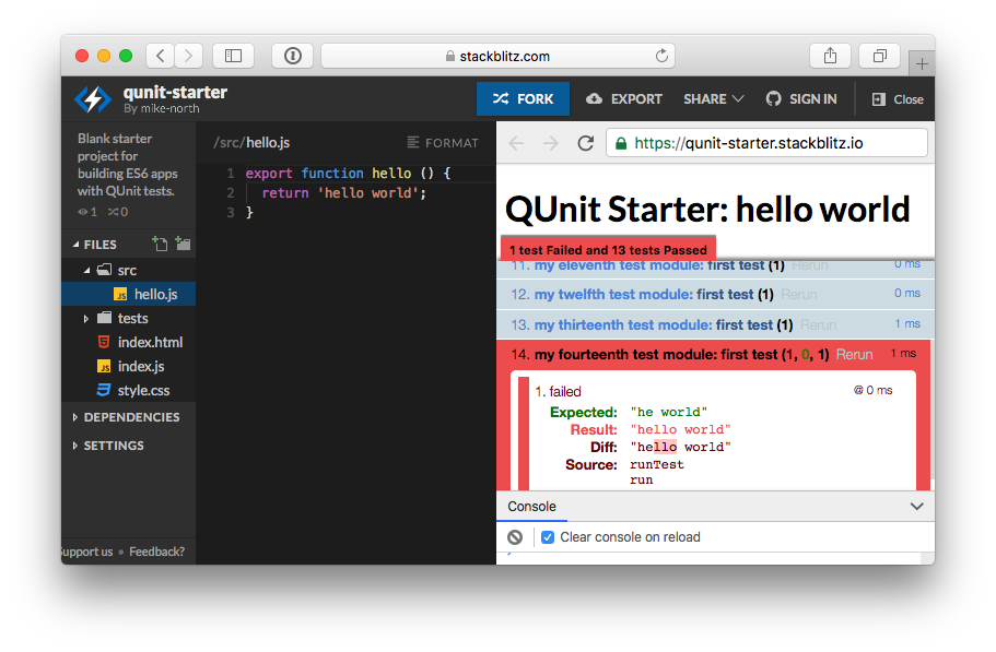 Github Dev In Browser Qunit Stackblitz A Qunit Starter That Works