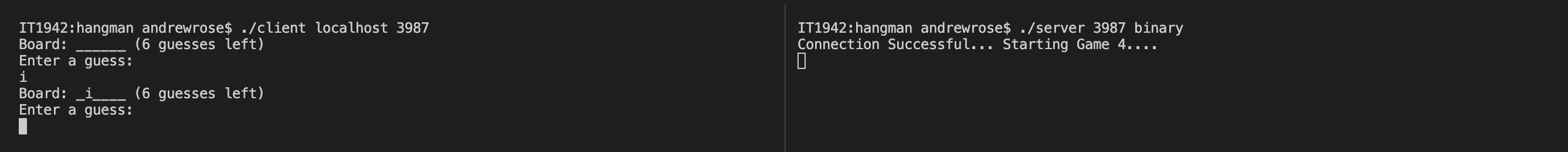 GitHub - Andrew-Rose1/hangman: A game of hangman between a server and client utilizing c sockets.