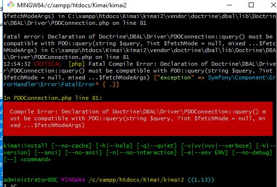 The server returned a "500 Internal Server Error". Compile Error: Declaration of Doctrine\DBAL ...