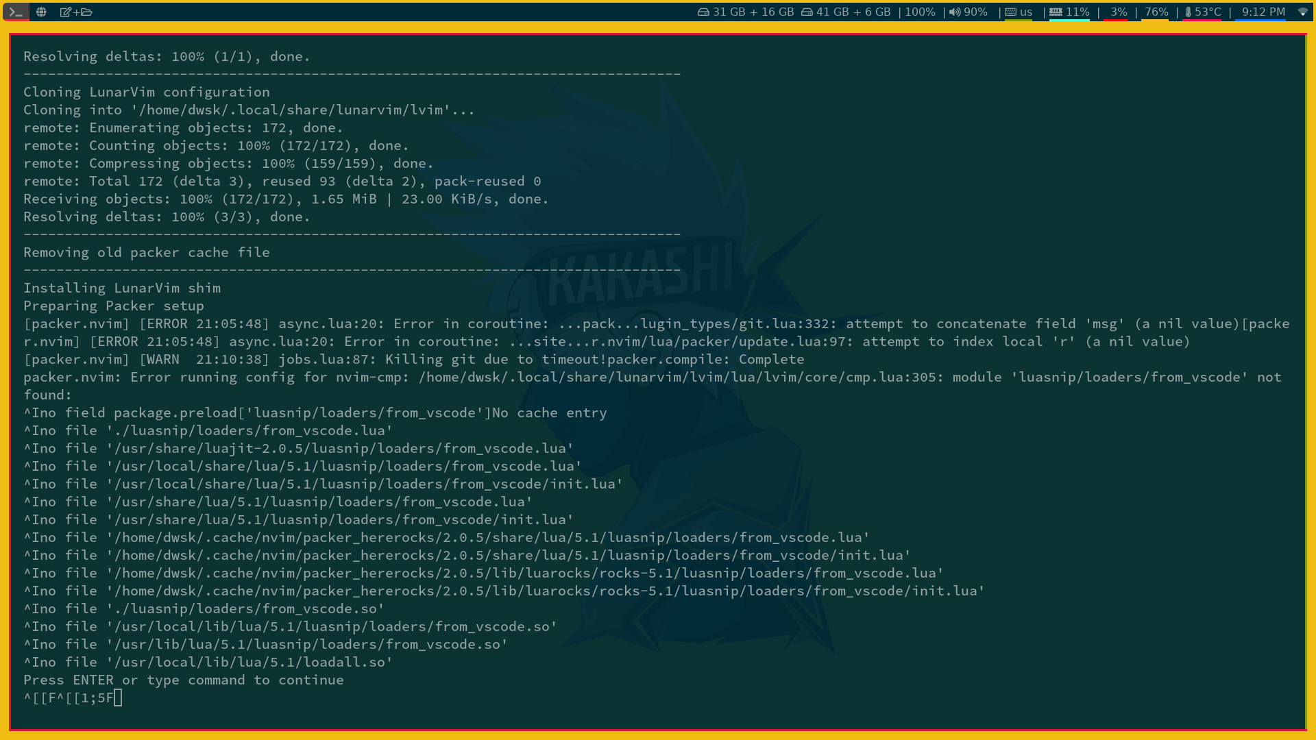 [Bug]: Error while installing LunarVim while preparing Packer Setup · Issue #1992 · LunarVim ...