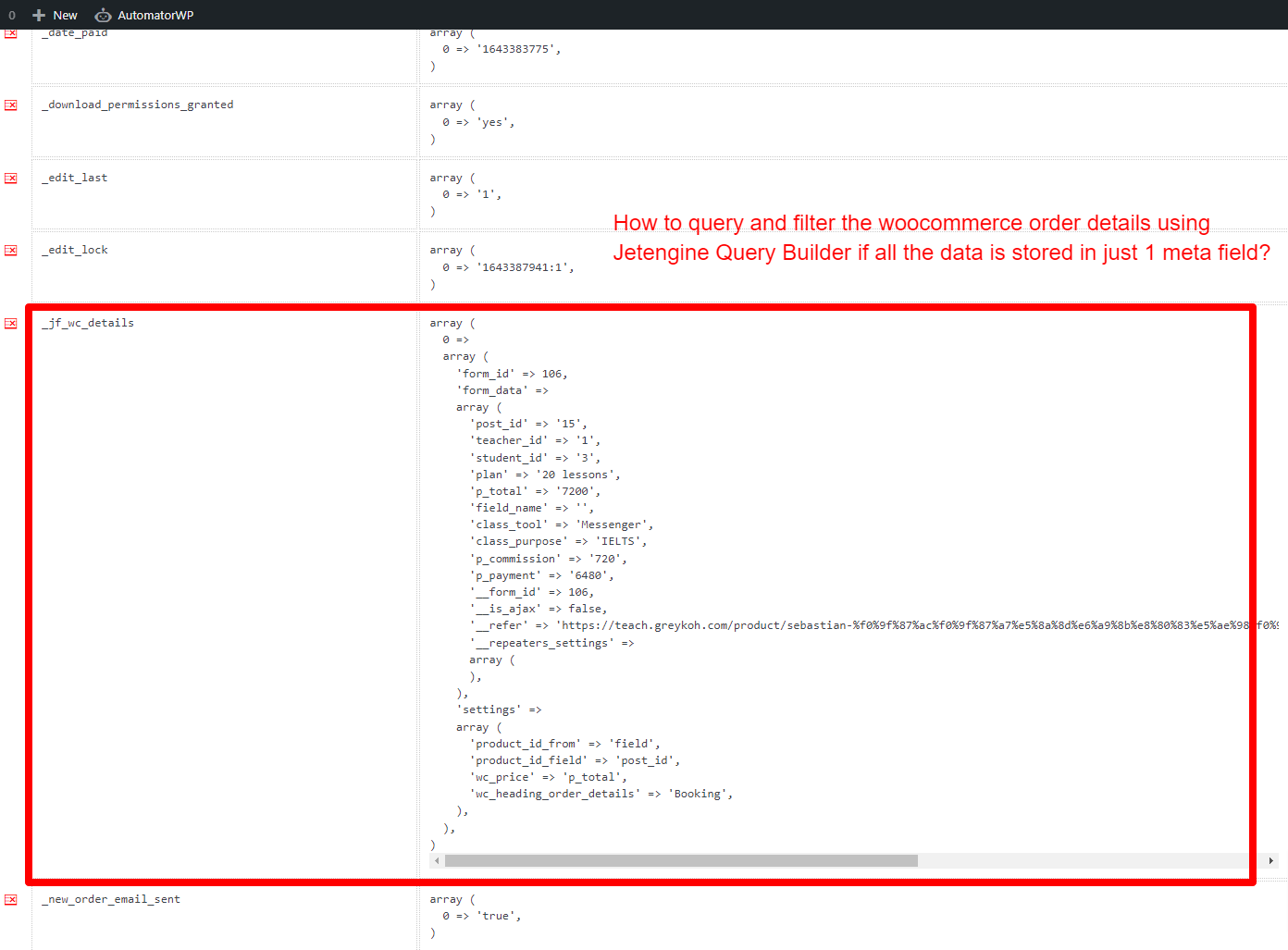 JetFormBuilder set different custom fields for WooCommerce Order Details · Issue #4754 ...