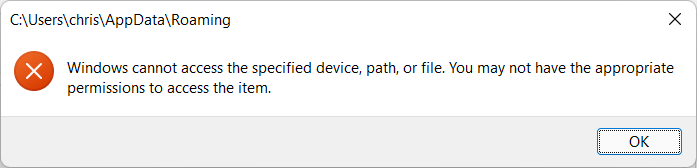 Cannot open Appdata or most of it's subfolders (Roaming/Local) from external applications ...