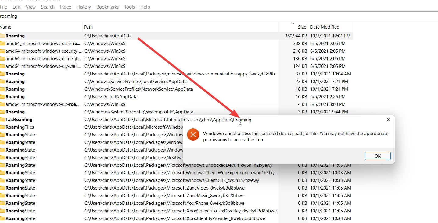 Cannot open Appdata or most of it's subfolders (Roaming/Local) from external applications ...
