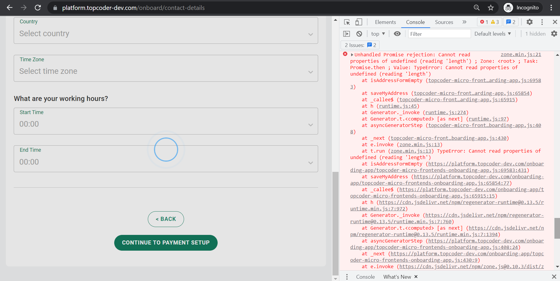 Page Continuously Loading On Clicking The Continue To Payment Setup Button · Issue 108