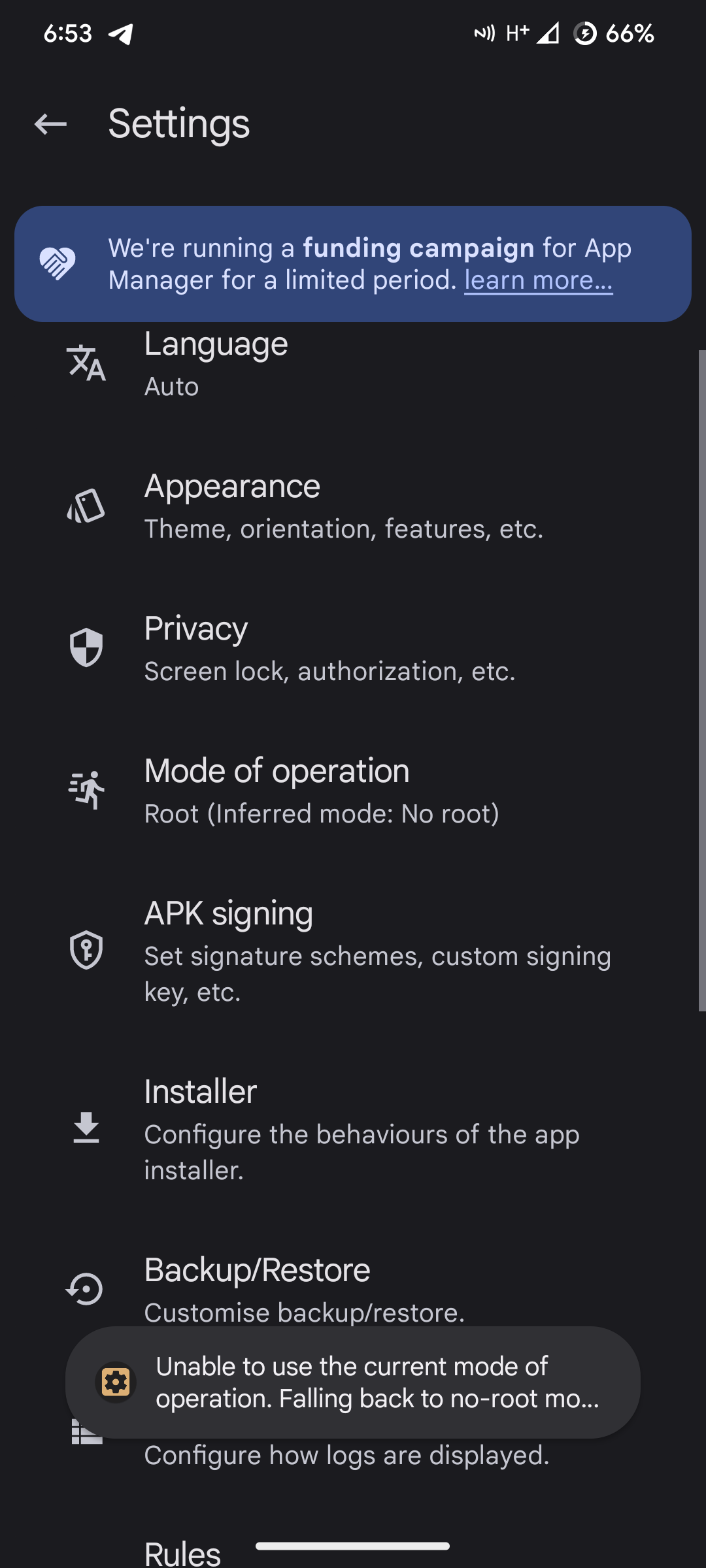 Unable to use the current mode of operation · Issue #1010 · MuntashirAkon/AppManager · GitHub