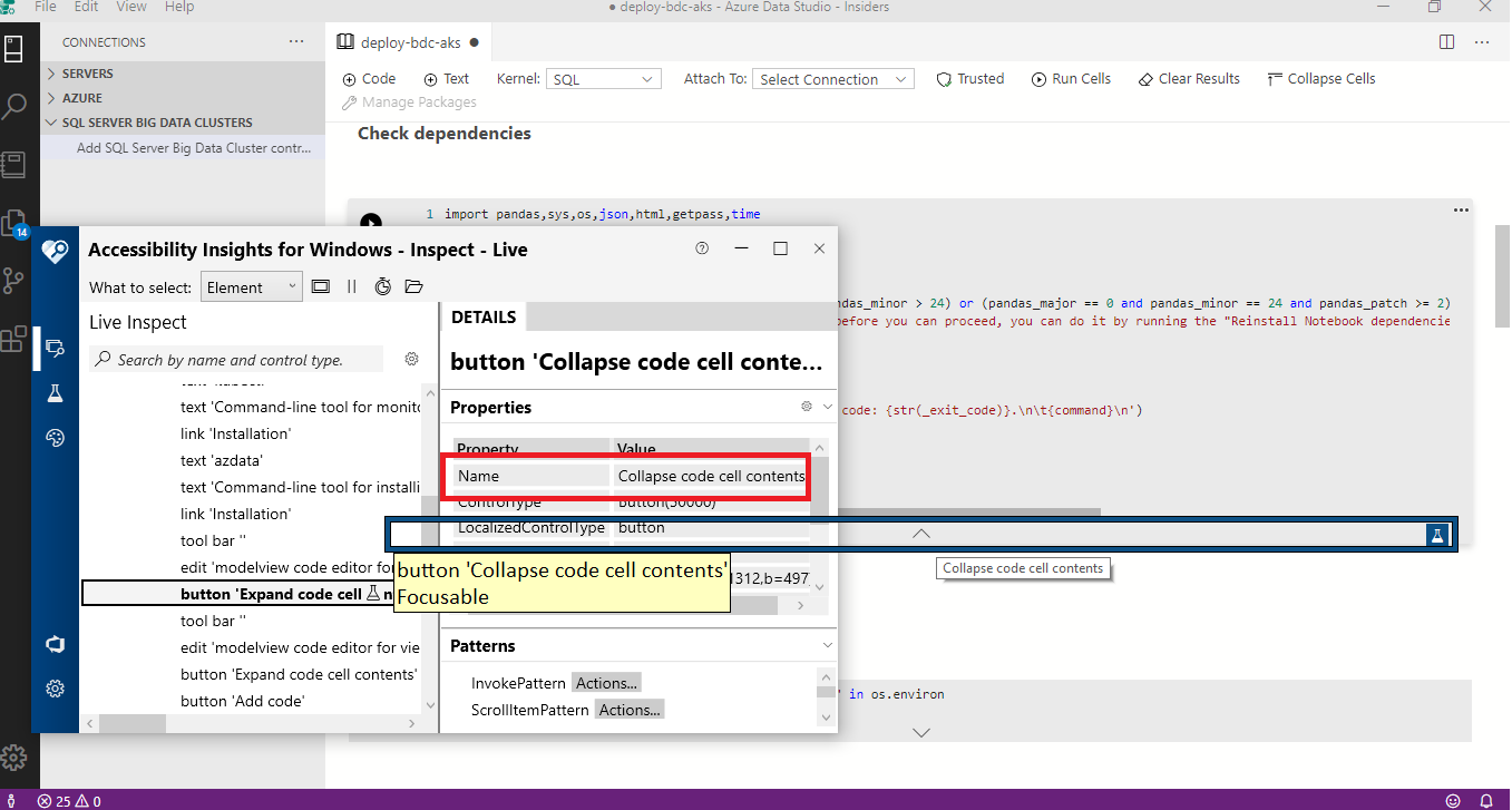 A11y_AzureDataStudio_CheckDependencies_AI4D:Name property does not exist for the expand/collapse ...