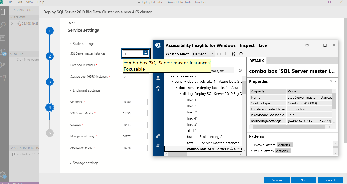 A11y_AzureDataStudio_ServiceSettings_AI4D:Incorrect name property provided for the "SQL Server ...