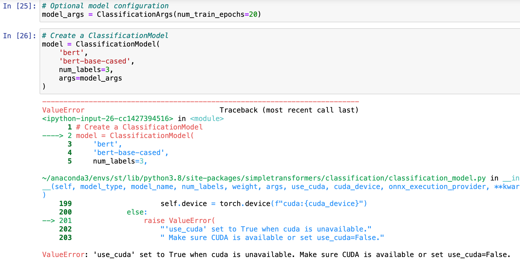 ValueError: 'use_cuda' set to True when cuda is unavailable. Make sure CUDA is available or set ...