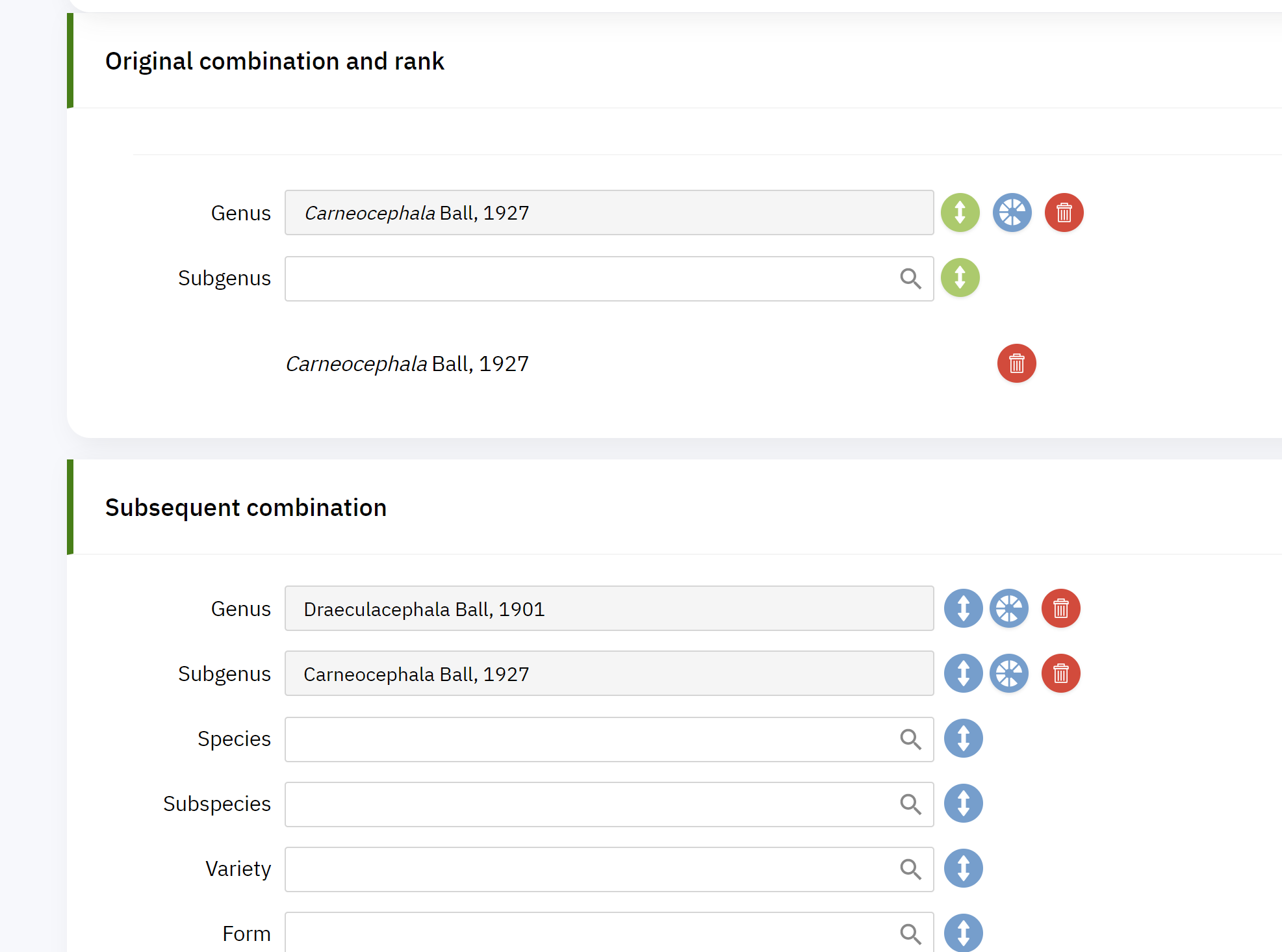 Task - Edit taxon name - subsequent combination (genus group name ...
