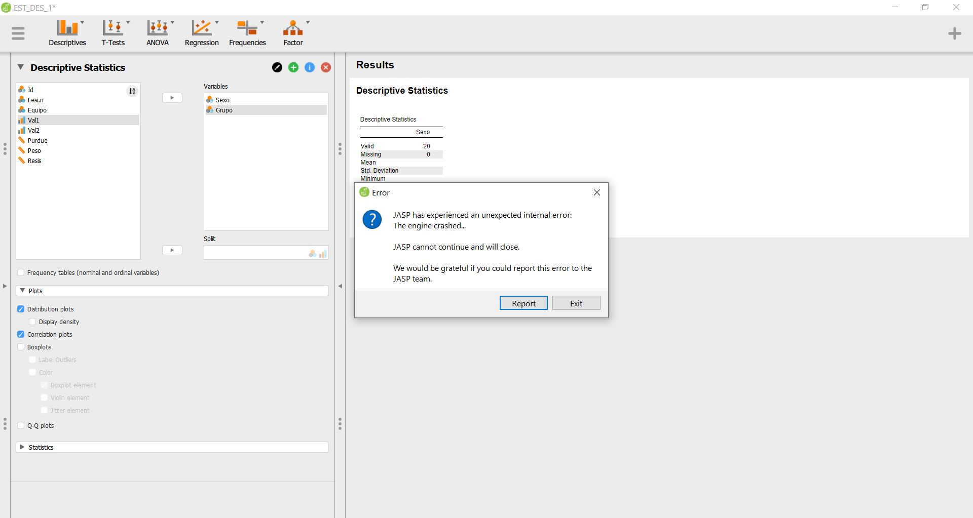JASP crashed when opening "descriptive statistics" · Issue #505 · jasp-stats/jasp-issues · GitHub