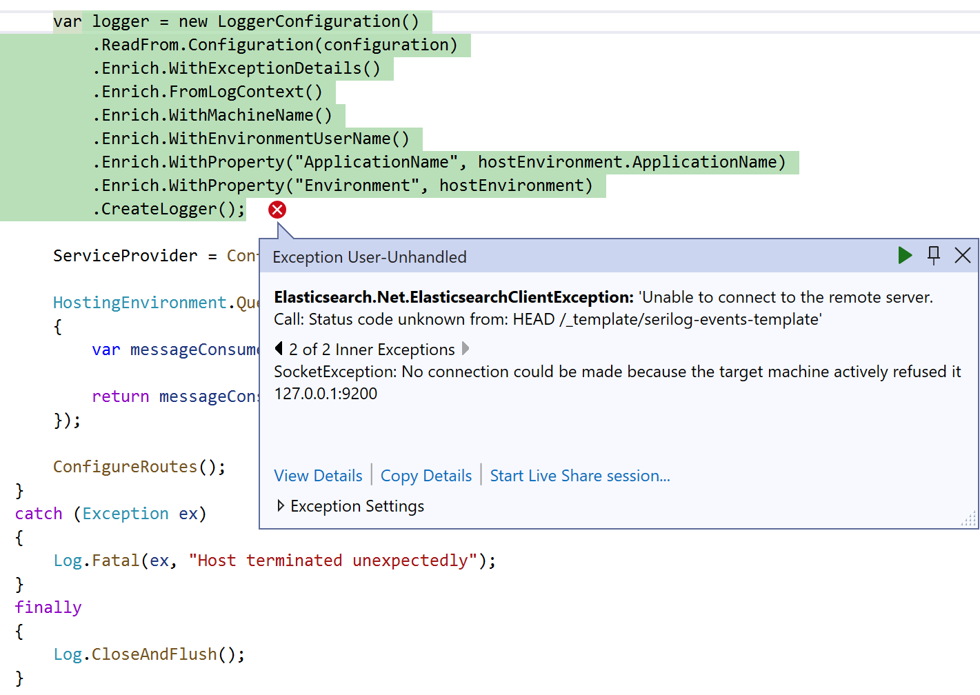 Graceful failure if unable to connect to ES · Issue #444 · serilog-contrib/serilog-sinks ...