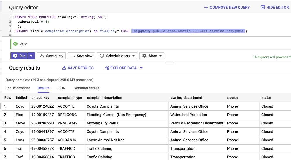 Big Query Results not populated when query starts with a temp function ...