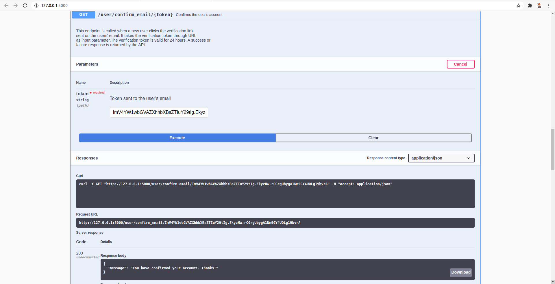 Perform manual testing and report GET /user/confirm_email/{token} API ...