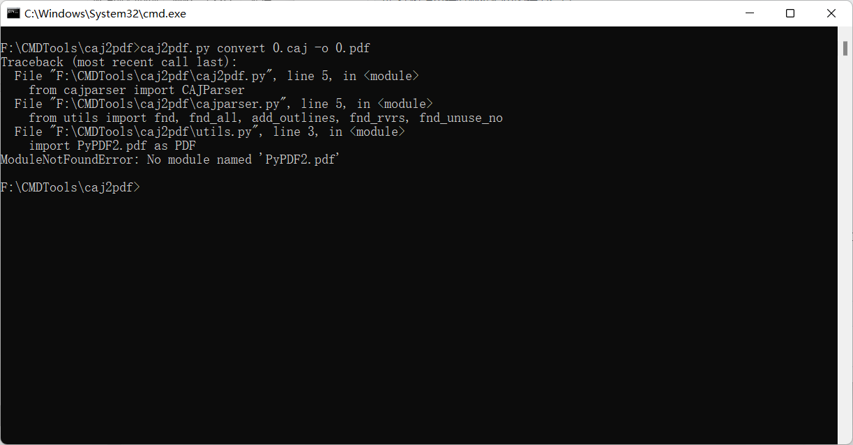 caj2pdf转换报错，所有caj文件均无法转换，重装Python和mutools，安装pypdf模块都没有用 · Issue #89 · caj2pdf/caj2pdf · GitHub