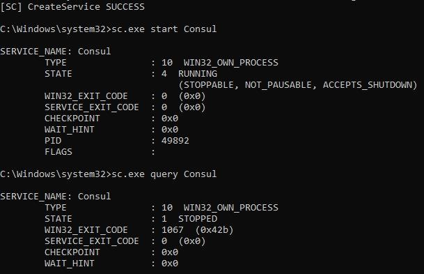 When starting Consul as a windows service, it terminates immediately ...