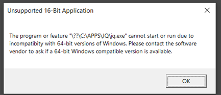 JQ version 1.6 utility is not compatible with Windows 10 · Issue #2204 · jqlang/jq · GitHub
