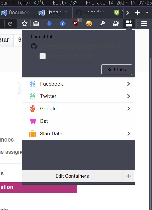 Unreadable on dark GTK theme · Issue #677 · mozilla/multi-account-containers · GitHub