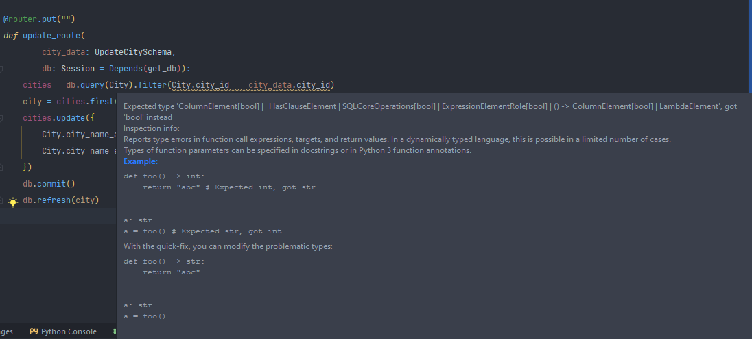 Expected type 'Union[ColumnElement[bool], _HasClauseElement, SQLCoreOperations[bool ...