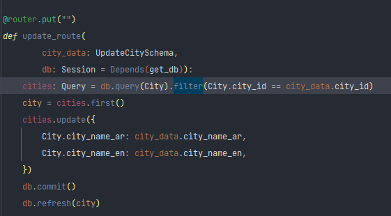 Expected type 'Union[ColumnElement[bool], _HasClauseElement, SQLCoreOperations[bool ...