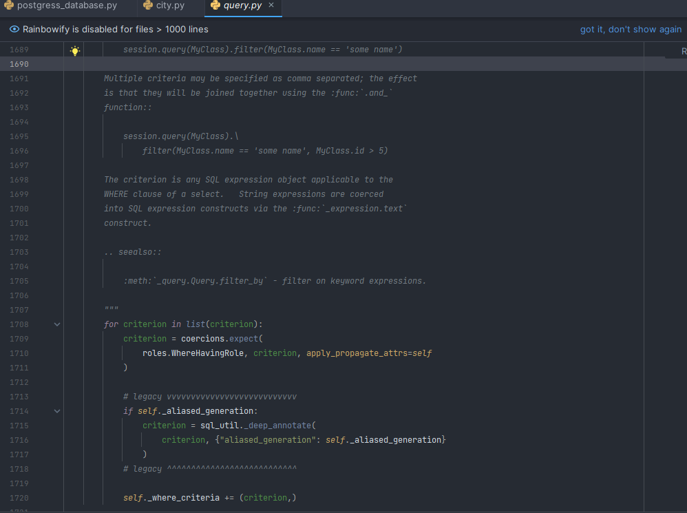 Expected type 'Union[ColumnElement[bool], _HasClauseElement, SQLCoreOperations[bool ...