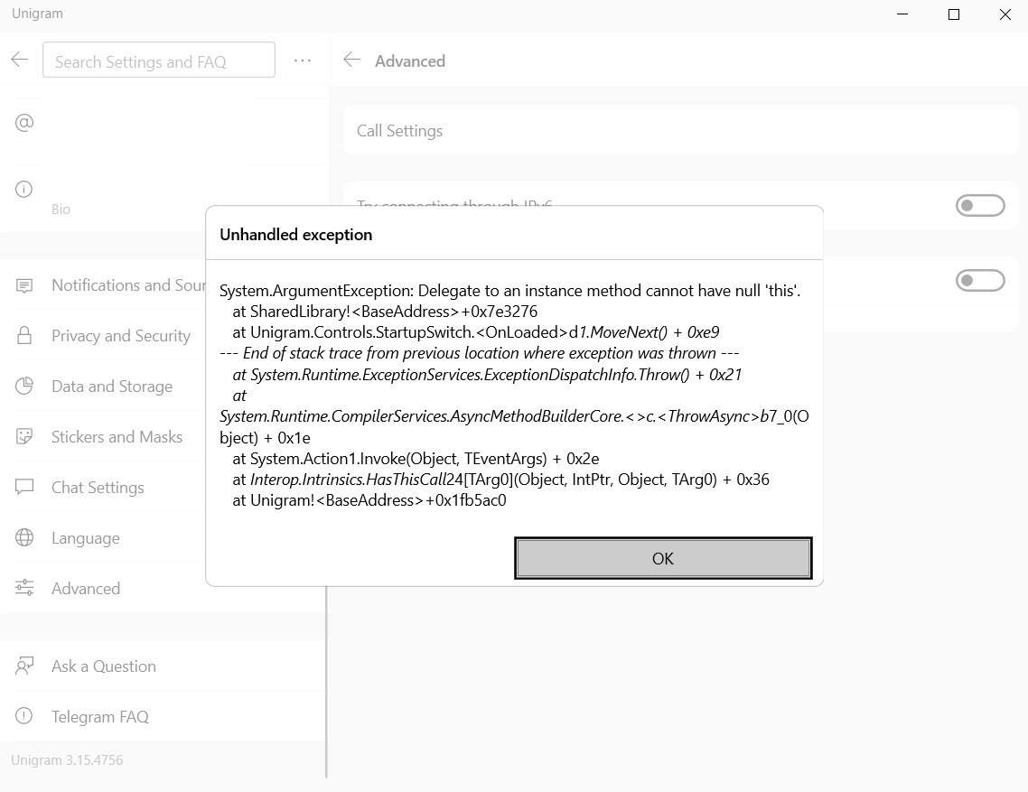Menu / Settings / Advanced craches · Issue #1574 · UnigramDev/Unigram · GitHub