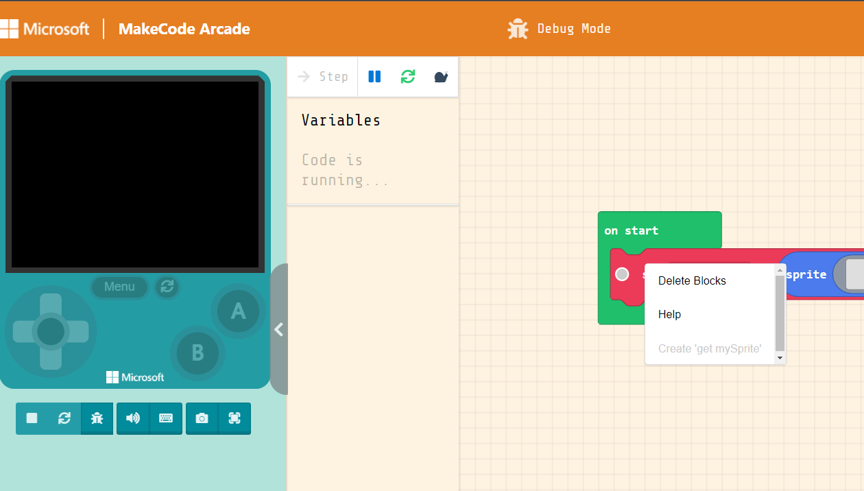 Debug mode: right click on block allows delete · Issue #4658 · microsoft/pxt-arcade · GitHub