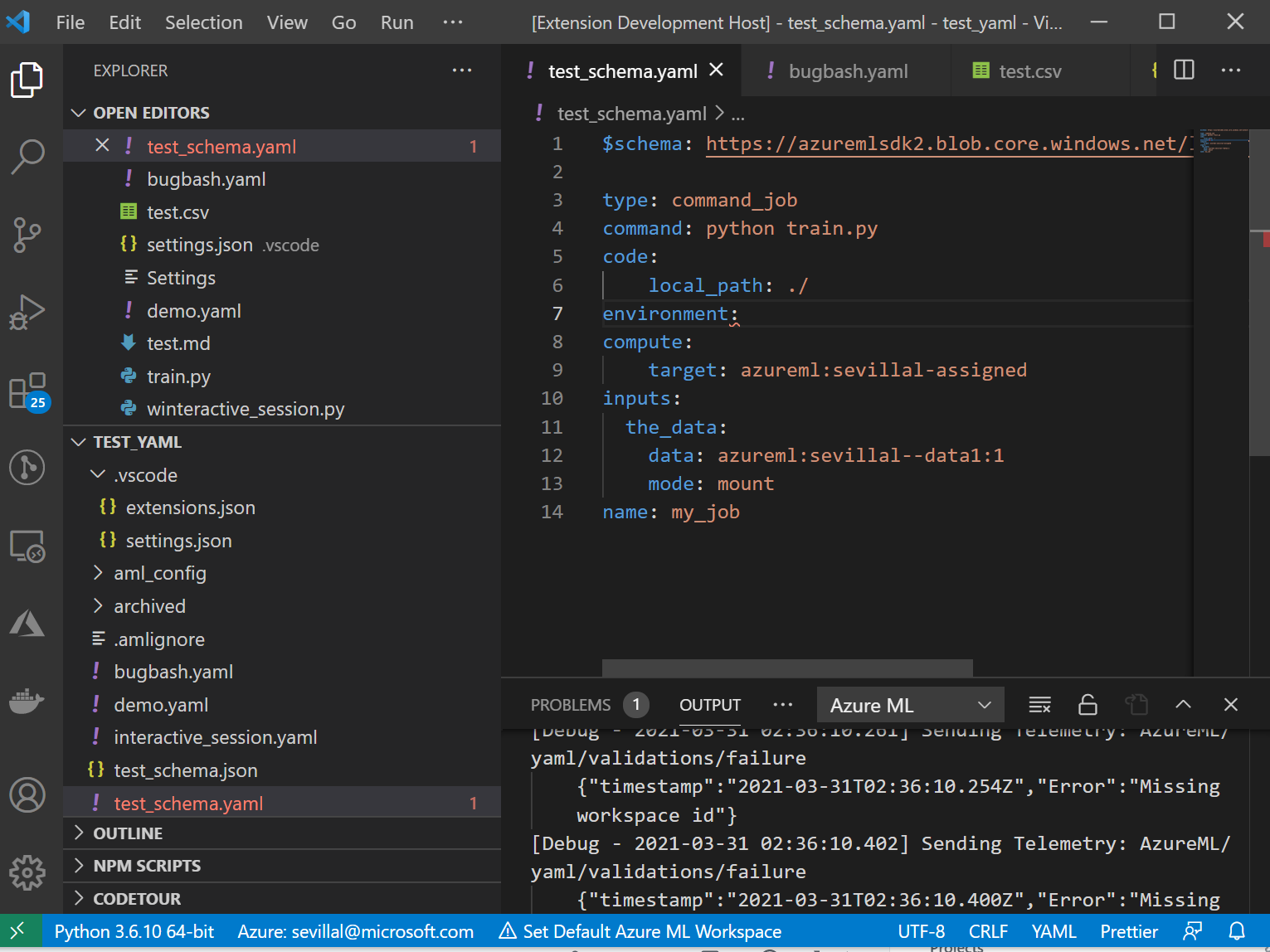 Change status bar text to set default workspace to "Set Default Azure ...