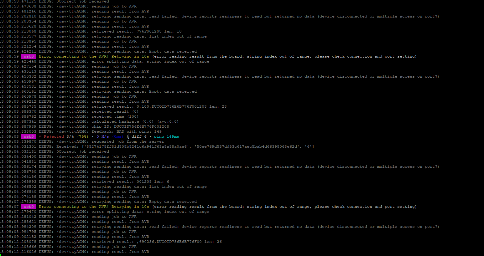 Arduino Mega 2560 is spitting out error "(error reading result from the board: string index out ...