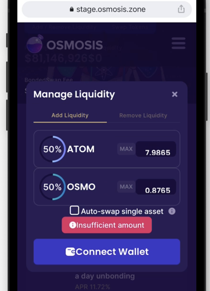 Testcase Pools Page Add Liquidity To Pools Input On Iphone · Issue 732 · Osmosis Labs