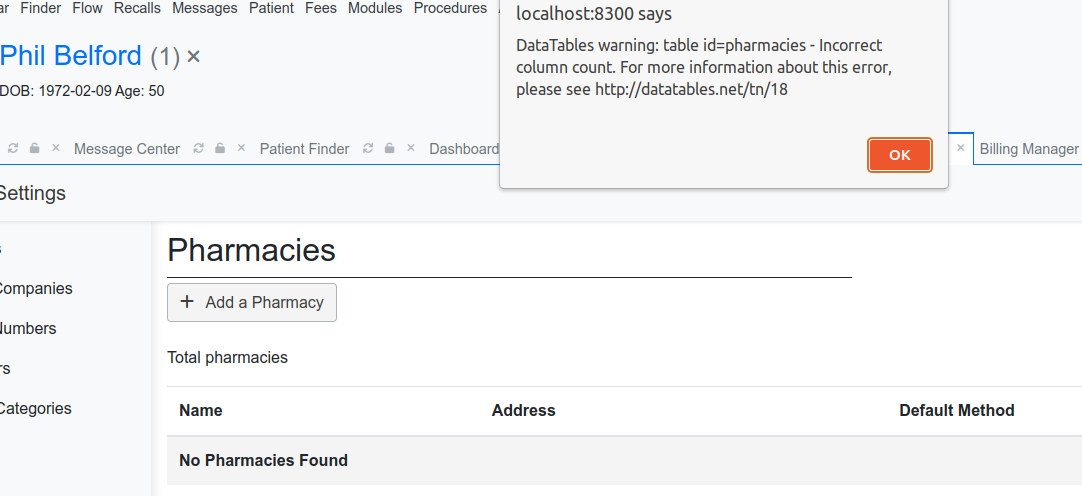 practice settings datatable warning for pharmacies · Issue #6065 · openemr/openemr · GitHub