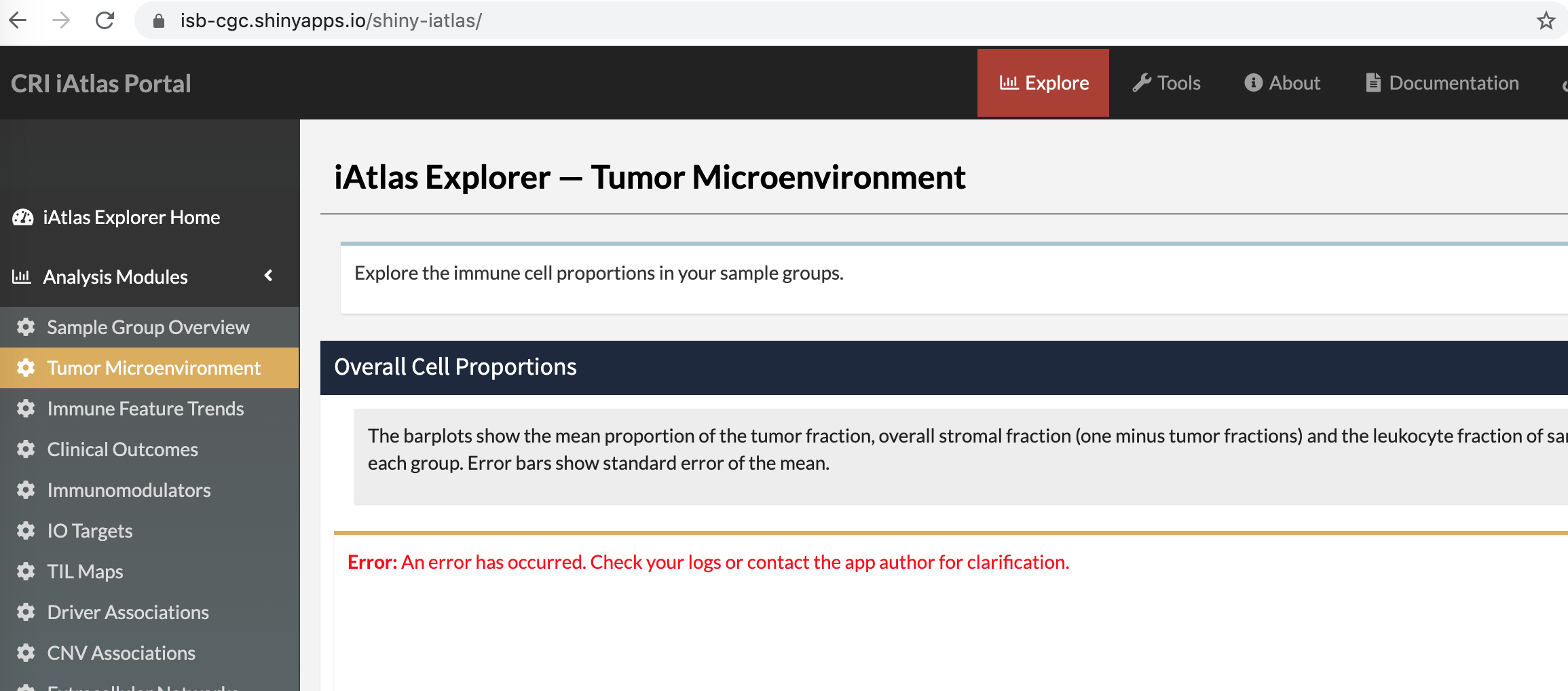 error -- no plots on default loading · Issue #196 · CRI-iAtlas/shiny-iatlas · GitHub