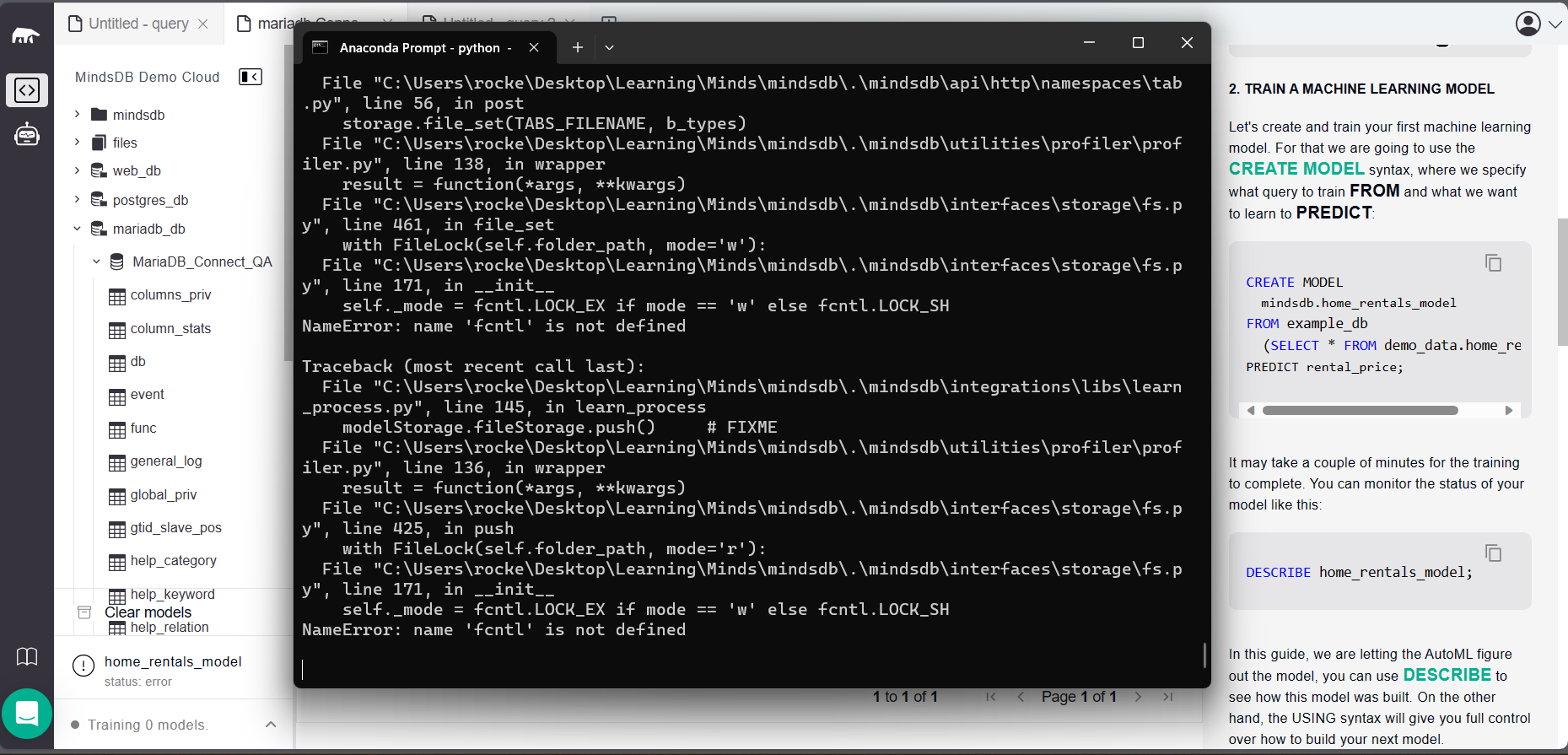 [fcntl is not defined]: In mariaDB Handler · Issue #7668 · mindsdb/mindsdb · GitHub