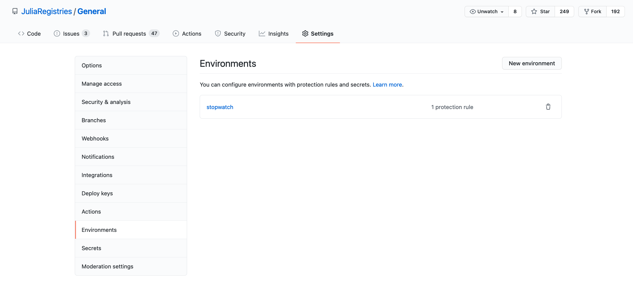 For posterity: documenting the GitHub Environment settings for the "stopwatch" environment ...