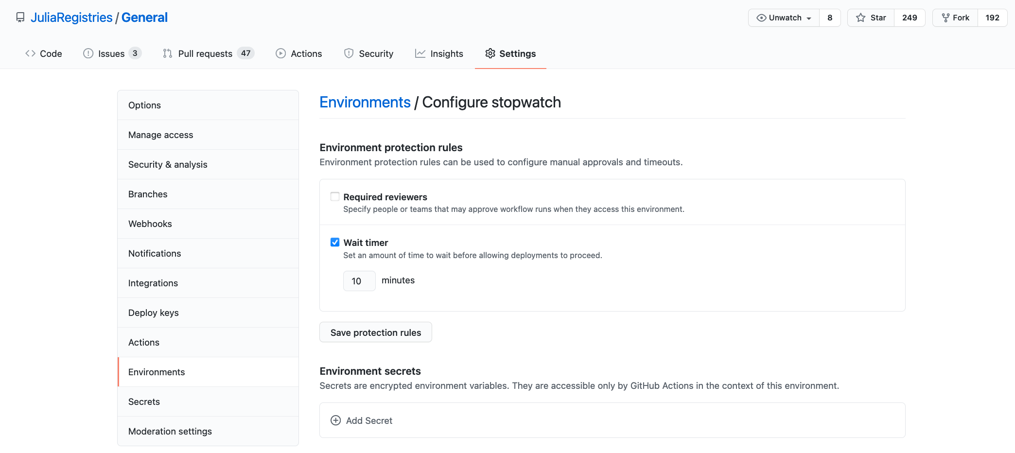 For posterity: documenting the GitHub Environment settings for the "stopwatch" environment ...