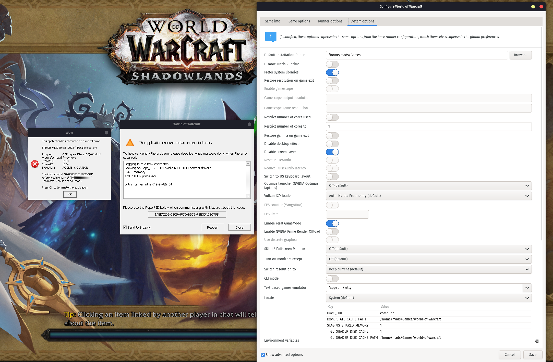 Lutris/Wine - World of Warcraft access memory access violation while ...