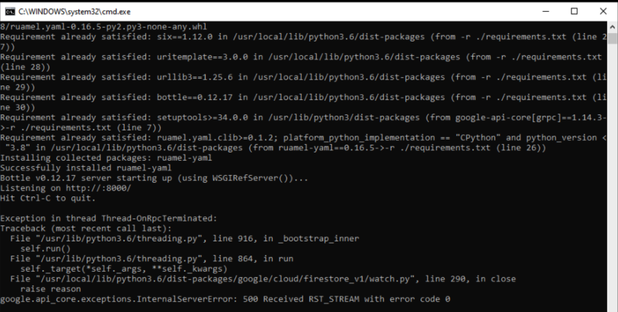 Firestore: what possible cause of this exception: InternalServerError: 500 Received RST_STREAM ...