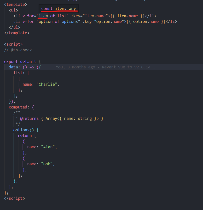 v-for in vue 2.6.x with options-based definition does not infer iterated type · Issue #2718 ...