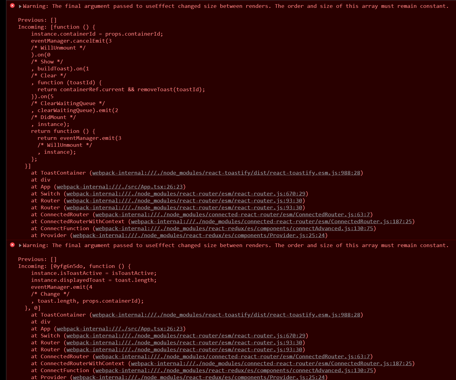 "The final argument passed to useEffect changed size between renders" thrown as Warning from ...
