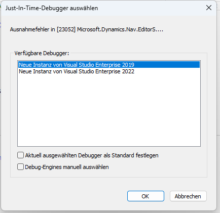 Select Just-In-Time-Debugger - Unhandled Exception / Ausnahmefehler in ...