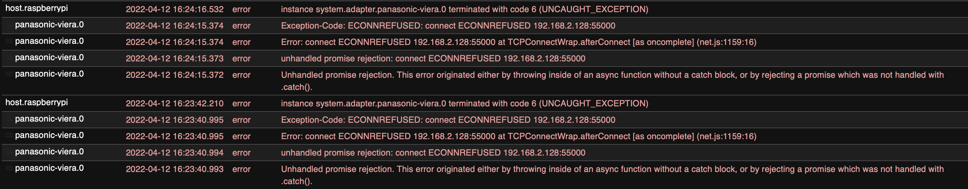 Adapter crashes repeatedly · Issue #166 · iobroker-community-adapters/ioBroker.panasonic-viera ...