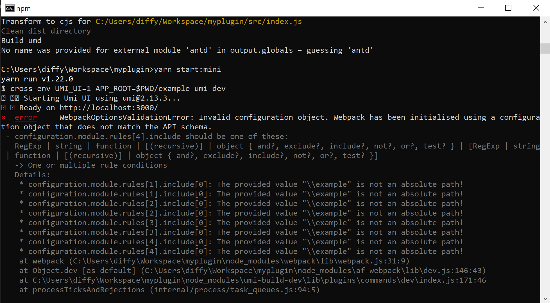 umi create plugin后，跑start没问题，但是跑start:mini报错 · Issue #4007 · umijs/umi · GitHub