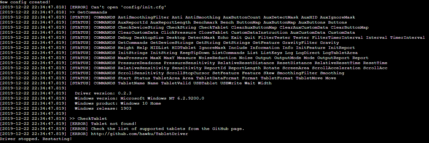 Driver stopped, Restarting! None stop · Issue #555 · hawku/TabletDriver · GitHub