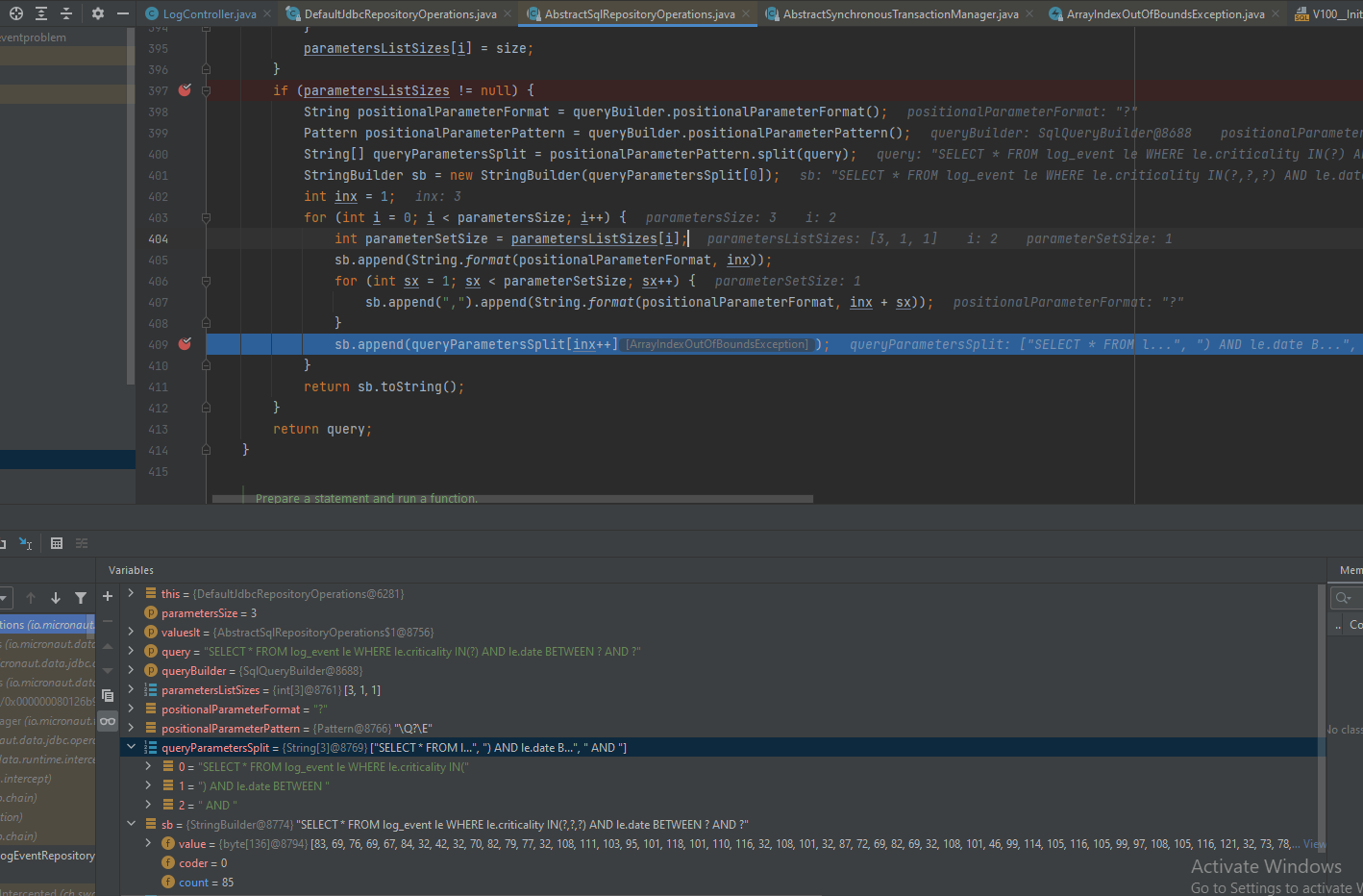 ArrayIndexOutOfBoundsException when using IN() in combination with ...