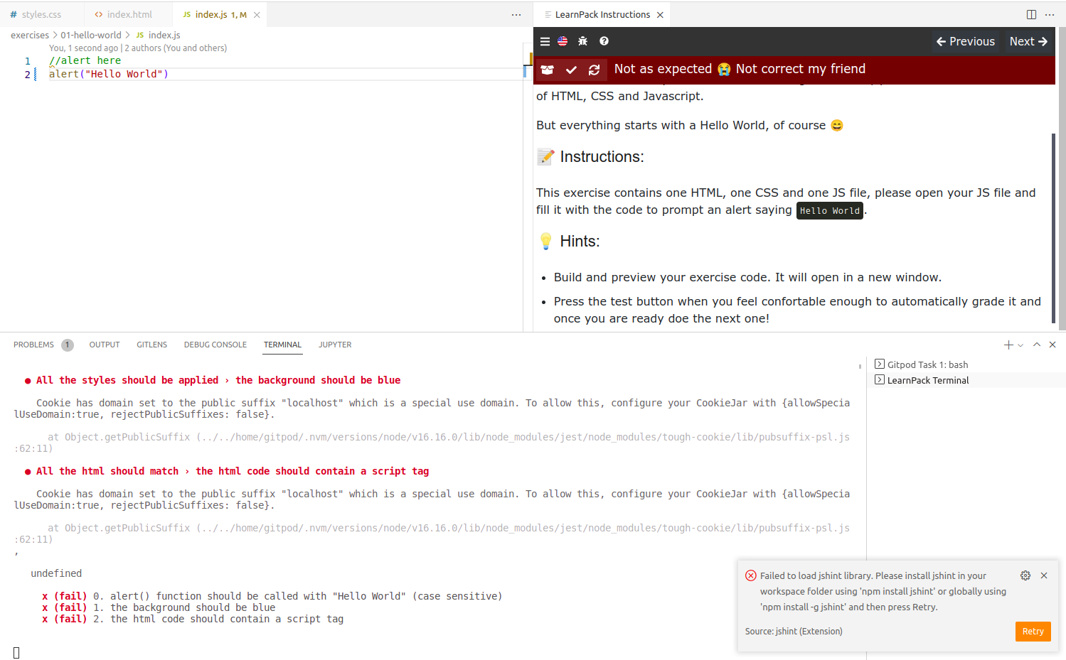 Dom exercises have bugs in tests · Issue #1141 · learnpack/learnpack ...