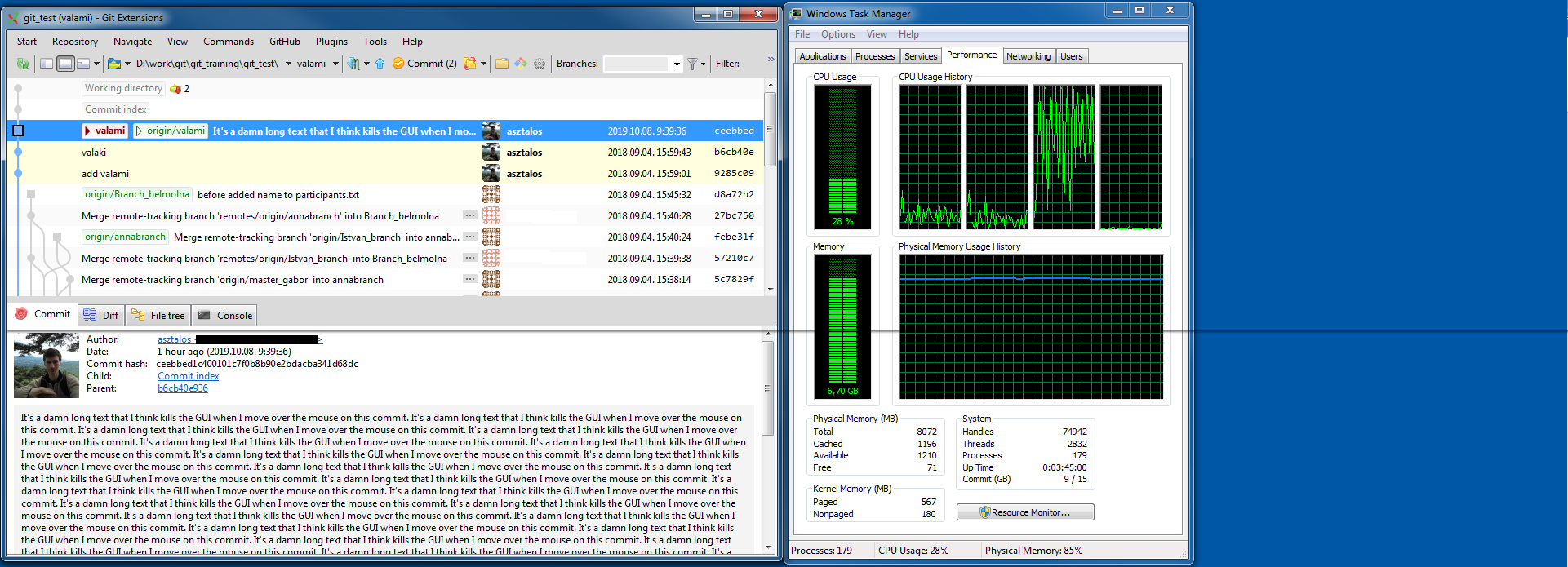 Long commit text freeze the GUI for seconds when mouse over a commit ...